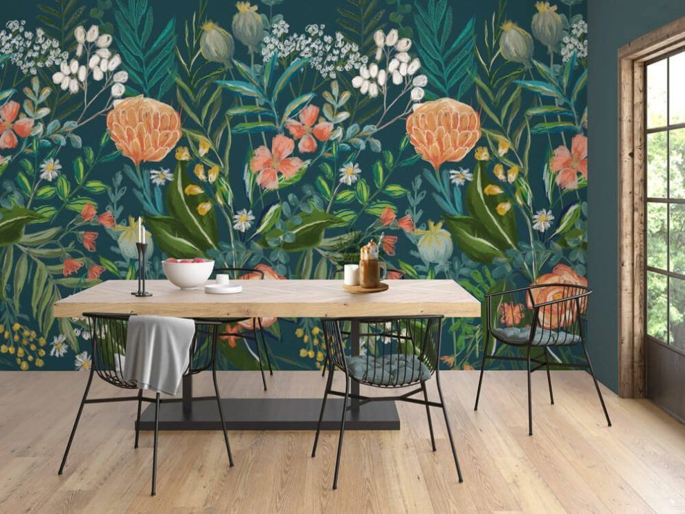 Naif Garden Petrol - Behang - Designerwand.nl